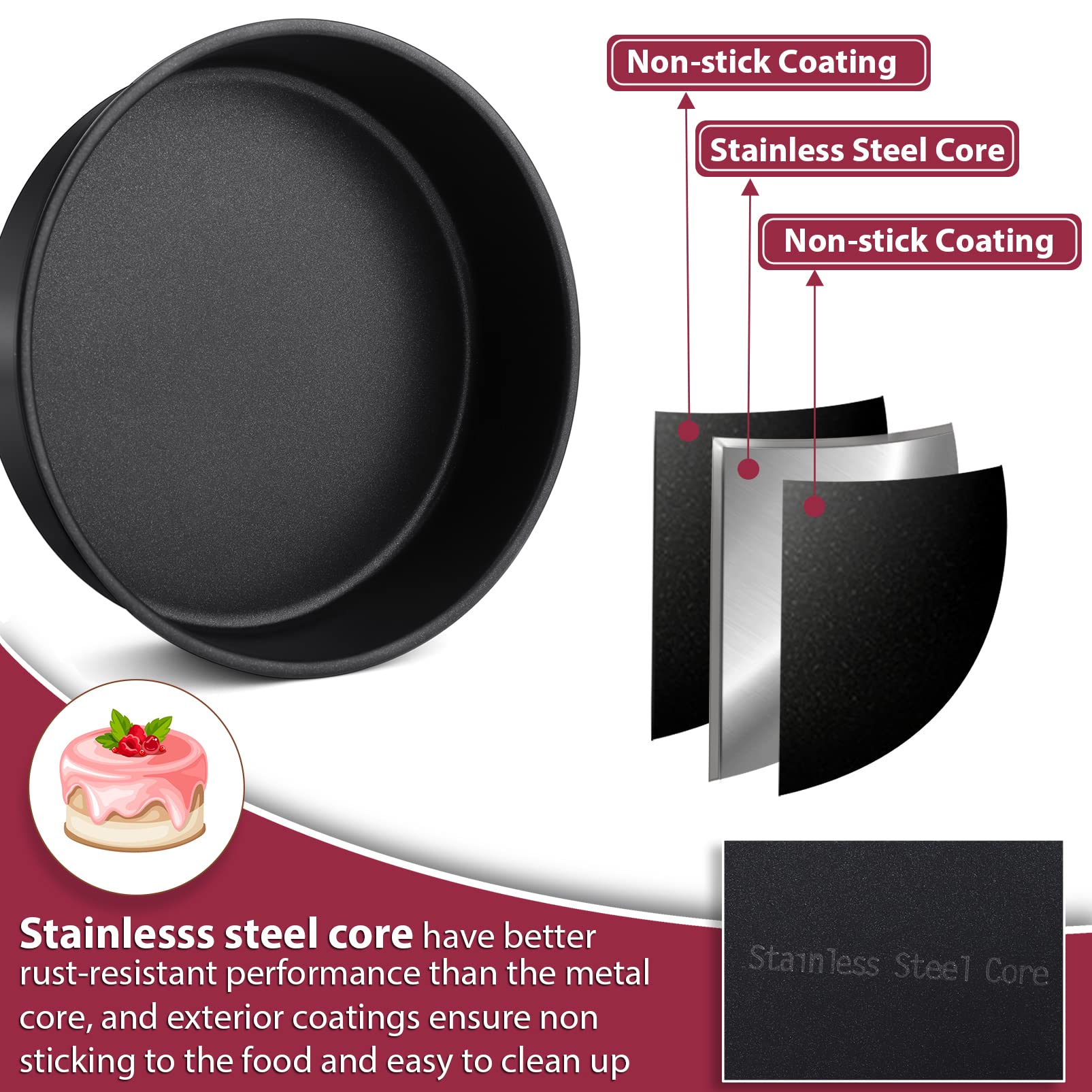 P&P CHEF 8 Inch Round Cake Pan Set, 3 Piece Non-Stick Cake Baking Pans for Birthday Wedding Layer Cakes, Stainless Steel Core & One-piece Design, Sturdy & Healthy, Black