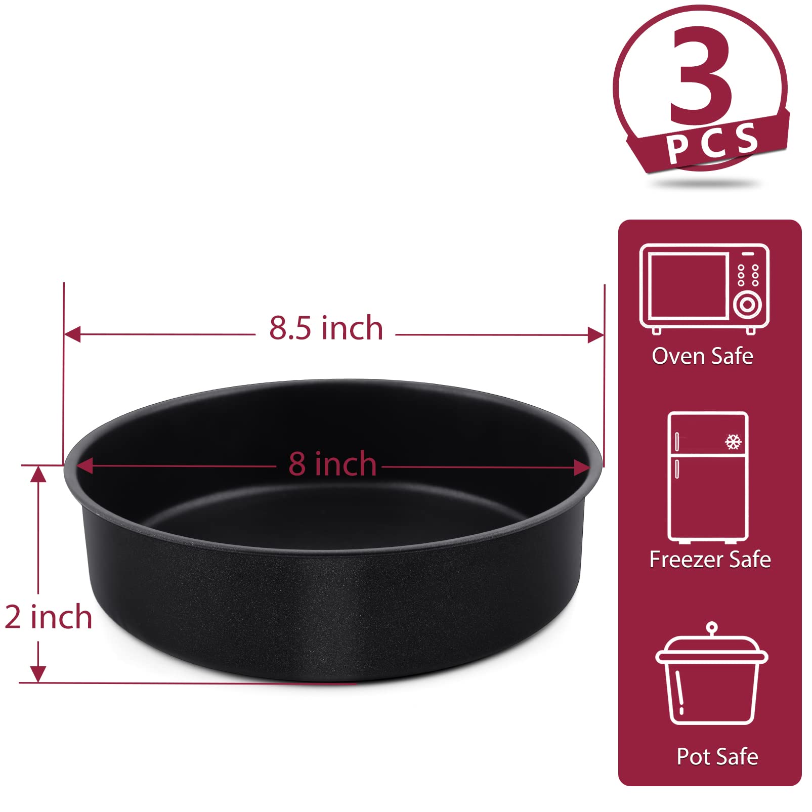 P&P CHEF 8 Inch Round Cake Pan Set, 3 Piece Non-Stick Cake Baking Pans for Birthday Wedding Layer Cakes, Stainless Steel Core & One-piece Design, Sturdy & Healthy, Black