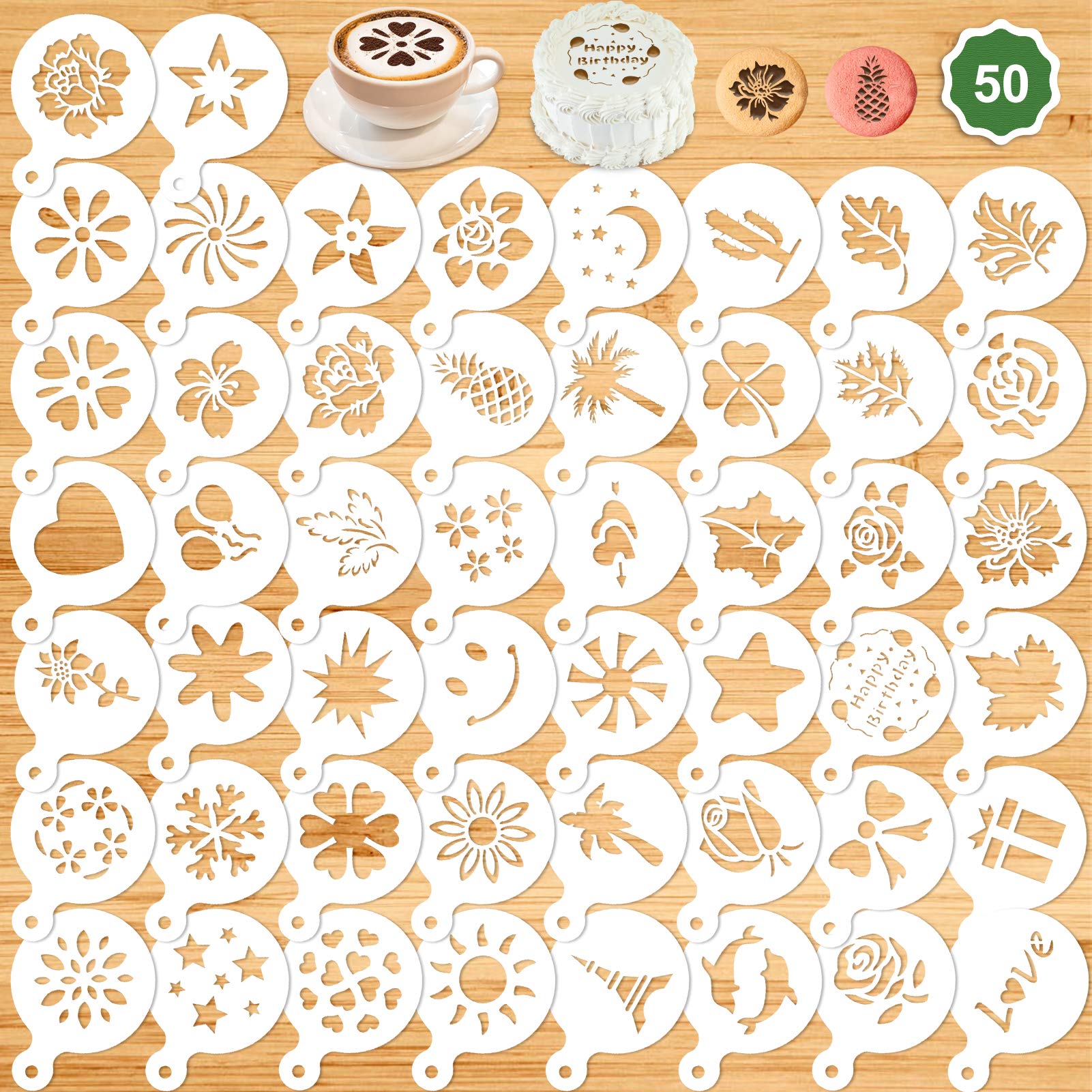 Konsait 50Pack Cake Stencil Templates Decoration, Reusable Cake Cookies Baking Painting Journal Mold Tools, Dessert, Coffee Decorating Molds Cappuccino Mousse Hot Chocolate for DIY Craft Decor