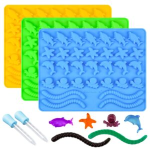 gummy molds hard candy molds - candy molds silicone including worms, starfishs, dolphins, octopus, sharks sea mold bpa free, pinch test approved pack of 3 ocean molds