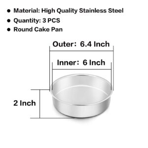 TeamFar 6 Inch Cake Pan, Round Cake Pan Tier Baking Pans Set Stainless Steel, Fit in Pot Pressure Cooker Air Fryer, Healthy & Toxic Free, Mirror Finish & Durable, Oven & Dishwasher Safe - Set of 3