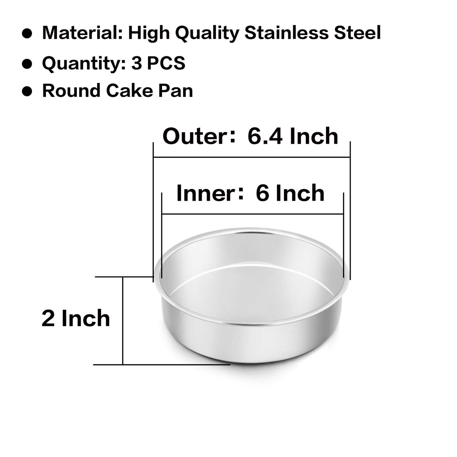 TeamFar 6 Inch Cake Pan, Round Cake Pan Tier Baking Pans Set Stainless Steel, Fit in Pot Pressure Cooker Air Fryer, Healthy & Toxic Free, Mirror Finish & Durable, Oven & Dishwasher Safe - Set of 3