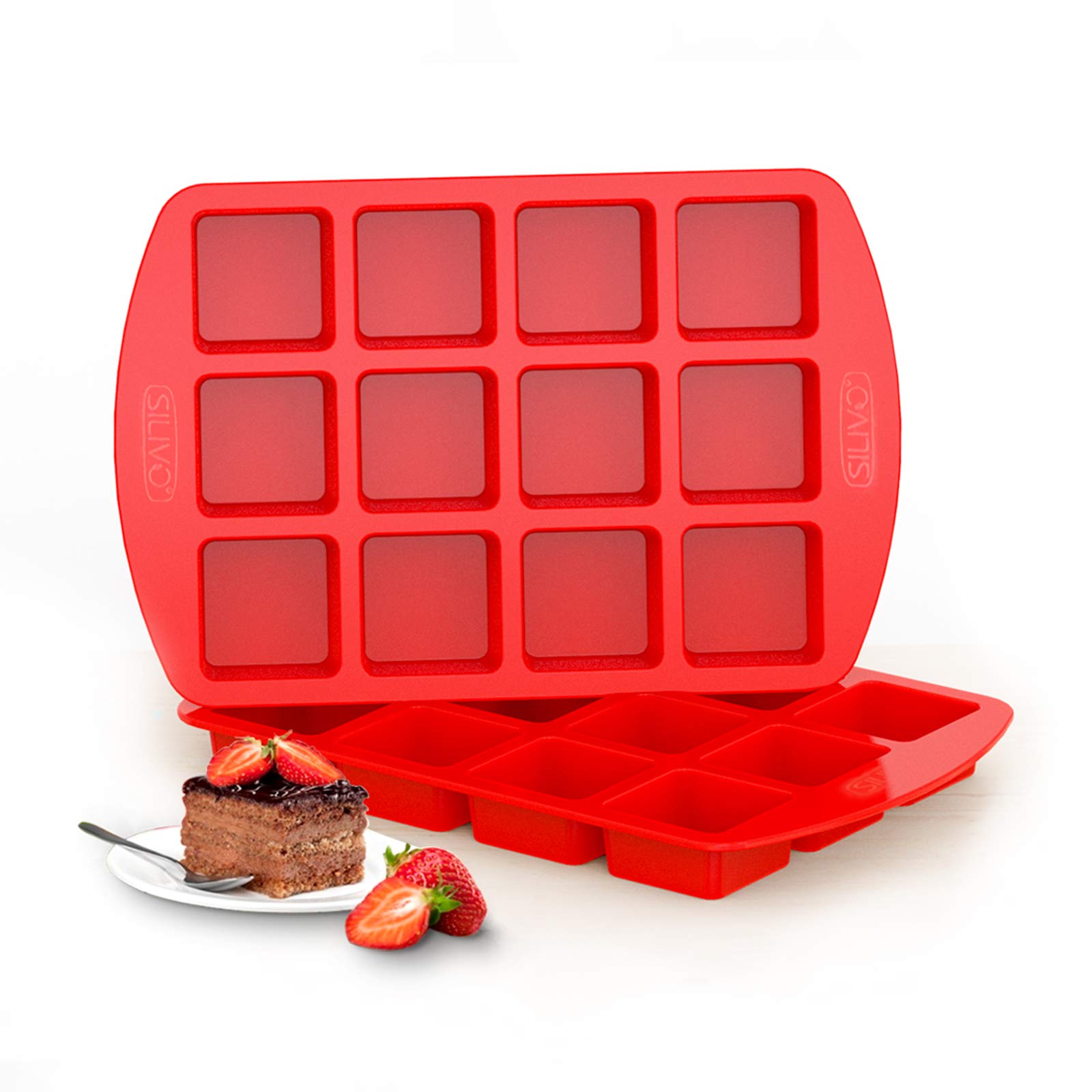 SILIVO Silicone Brownie Pan with Dividers - 2 Pack 12-Cavity Non-Stick Silicone Molds for Brownie Bites, Fudges and Minecraft Cakes