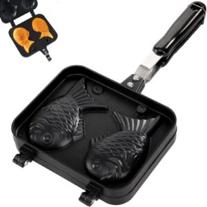 zoofox taiyaki fish-shaped cake pan, non-stick waffle cake maker with long handle, pancake baking double pan mold