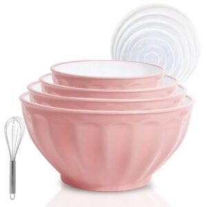 jcxivan mixing bowls with lids set,4 piece large plastic nesting mixing bowls,includes 4 microwave safe mixing bowl and an egg whisk for kitchen prepping,baking,cooking food, pink