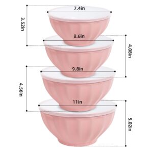 JCXivan Mixing Bowls with Lids Set,4 Piece Large Plastic Nesting Mixing Bowls,Includes 4 Microwave safe Mixing Bowl and An Egg Whisk for Kitchen Prepping,Baking,Cooking Food, Pink