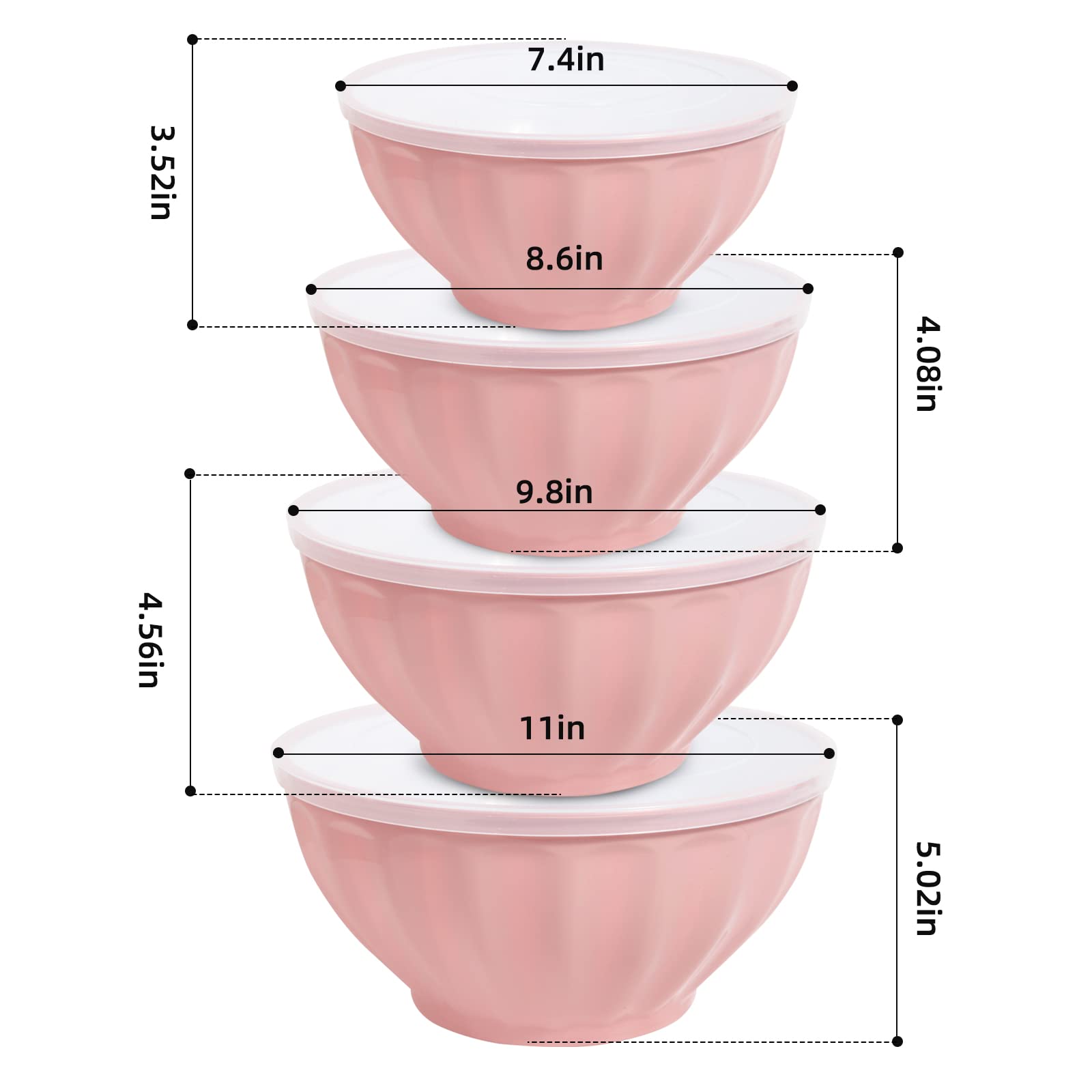 JCXivan Mixing Bowls with Lids Set,4 Piece Large Plastic Nesting Mixing Bowls,Includes 4 Microwave safe Mixing Bowl and An Egg Whisk for Kitchen Prepping,Baking,Cooking Food, Pink