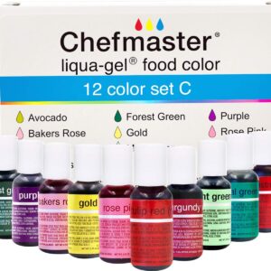 Chefmaster - Liqua-Gel Food Coloring - 12 Color Set C - Fade Resistant - 12 Pack - Vibrant, Eye-Catching Colors, Easy-To-Blend Formula - Made in the USA