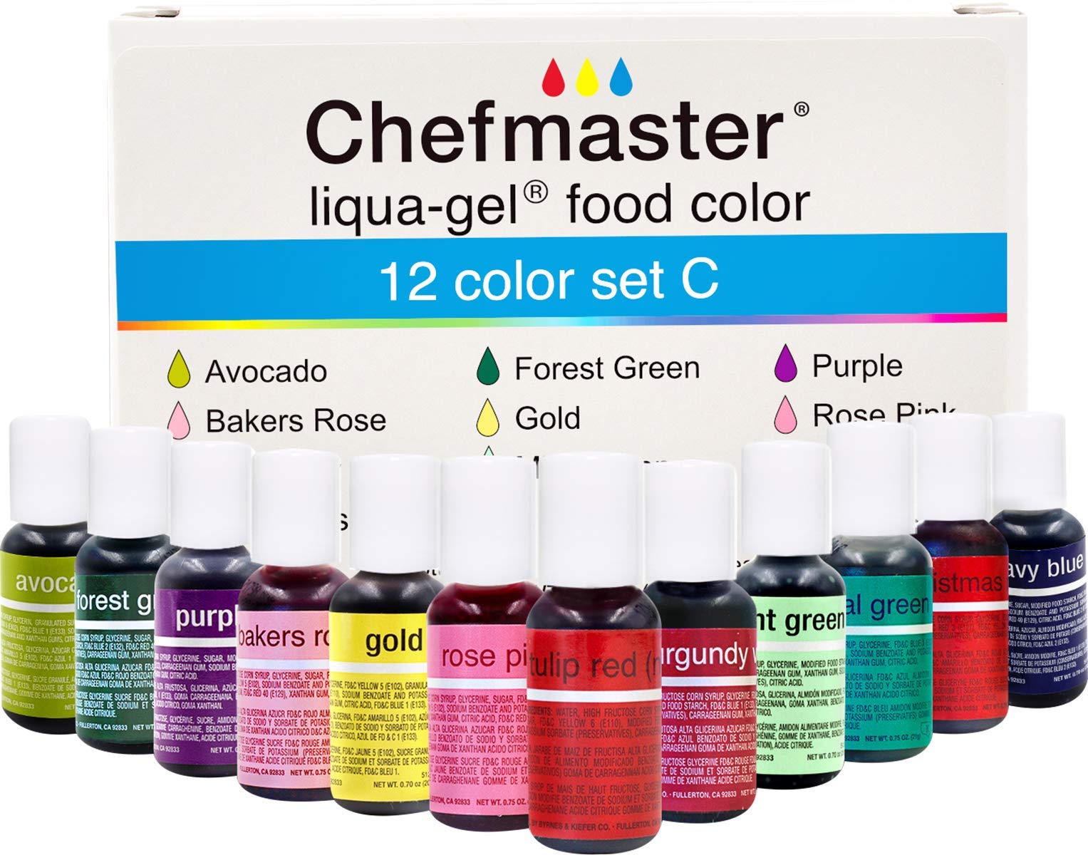 Chefmaster - Liqua-Gel Food Coloring - 12 Color Set C - Fade Resistant - 12 Pack - Vibrant, Eye-Catching Colors, Easy-To-Blend Formula - Made in the USA