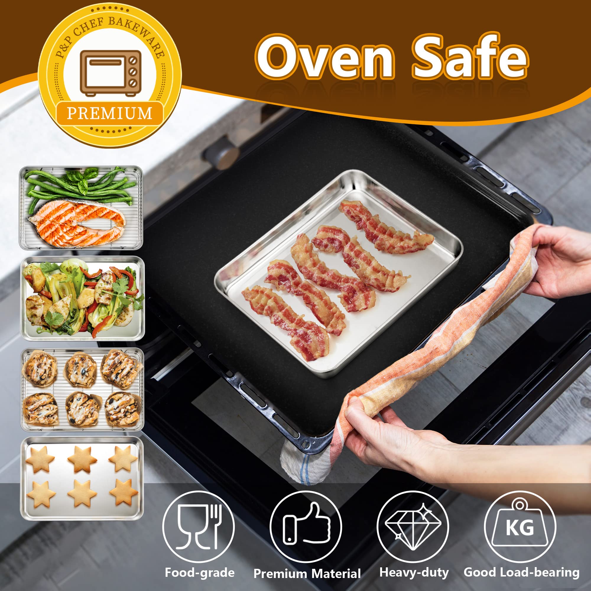 P&P CHEF Toaster Oven Tray and Rack Set, Stainless Steel Baking Pan with Cooling Rack, Fit Your Small Oven & Single Person Use, Non Toxic & Easy Clean