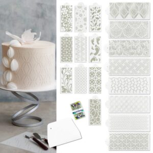 18 pcs cake stencils set - templates with scraper and 50 pins for decorating dessert baking buttercream icing molds lace mermaid- mesh floral reusable spray fondant cookie wedding