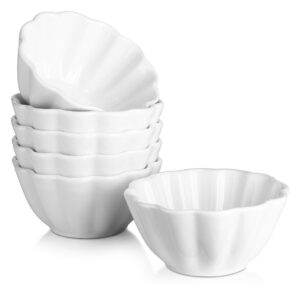 dowan ramekins 4 oz, creme brulee ramekins, flower-shaped porcelain ramekins oven safe for baking souffle, custard cups, small dipping bowls, sauces bowls, charcuterie bowls, set of 6, white