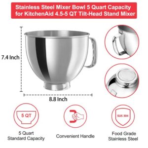 5 Quart Stainless Steel Mixer Bowl for KitchenAid Classic&Artisan 4.5-5 QT Tilt-Head Mixer, Fits for K45SS, KSM70, KSM90 KSM150, KSM155, KSM165, Polished Surface, Dishwasher Safe