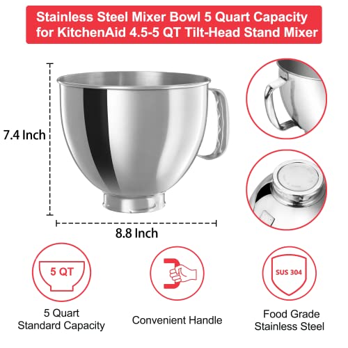 5 Quart Stainless Steel Mixer Bowl for KitchenAid Classic&Artisan 4.5-5 QT Tilt-Head Mixer, Fits for K45SS, KSM70, KSM90 KSM150, KSM155, KSM165, Polished Surface, Dishwasher Safe