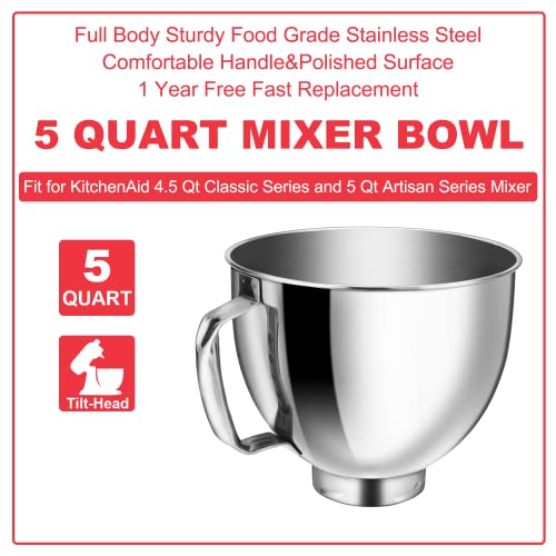 5 Quart Stainless Steel Mixer Bowl for KitchenAid Classic&Artisan 4.5-5 QT Tilt-Head Mixer, Fits for K45SS, KSM70, KSM90 KSM150, KSM155, KSM165, Polished Surface, Dishwasher Safe