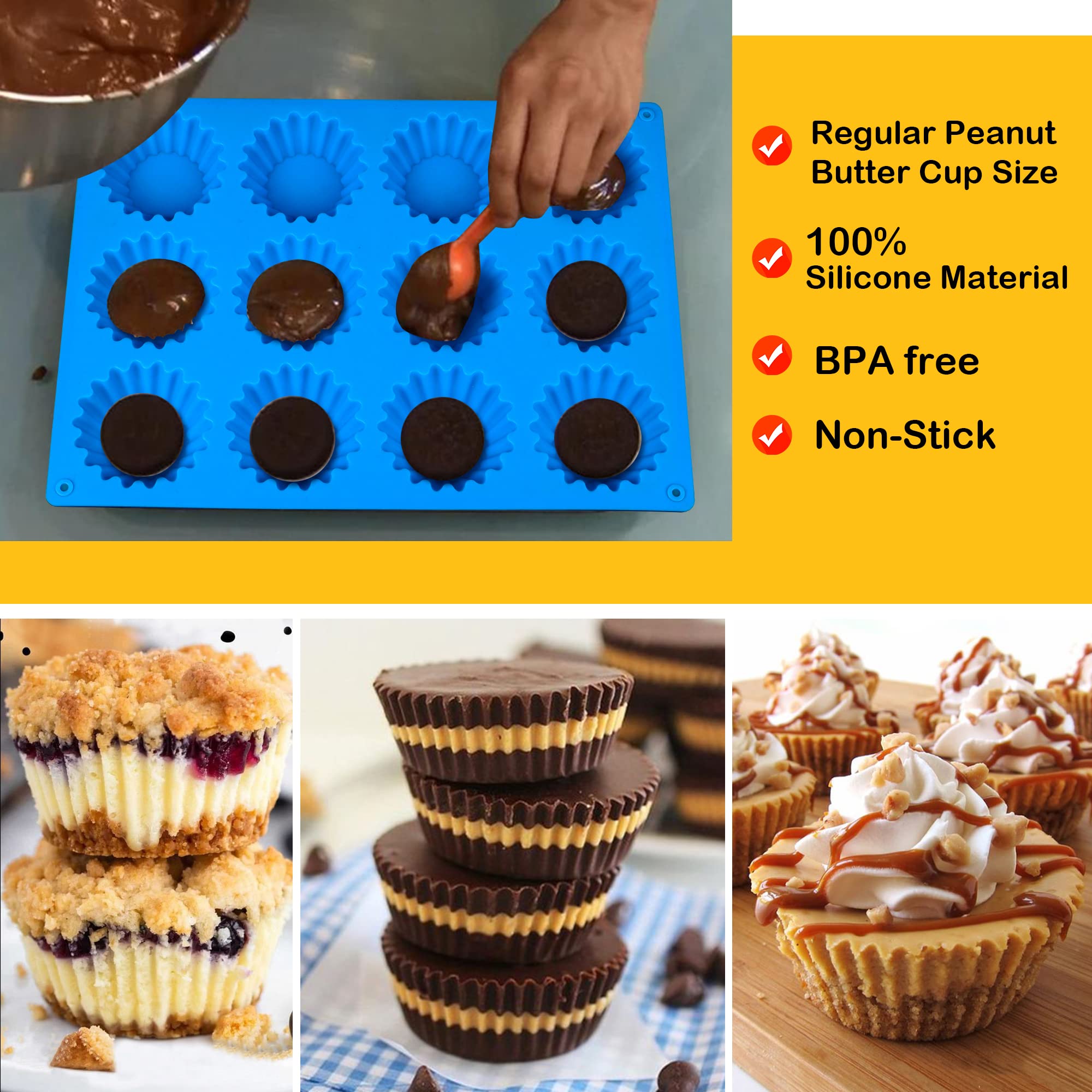 Sidosir 3pcs Peanut Butter Cup Mold, Silicone Mini Tart Pan for Bite Size Fat Bombs, Silicone Chocolate Candy Mold for Brownie (Peanut Butter Cup)