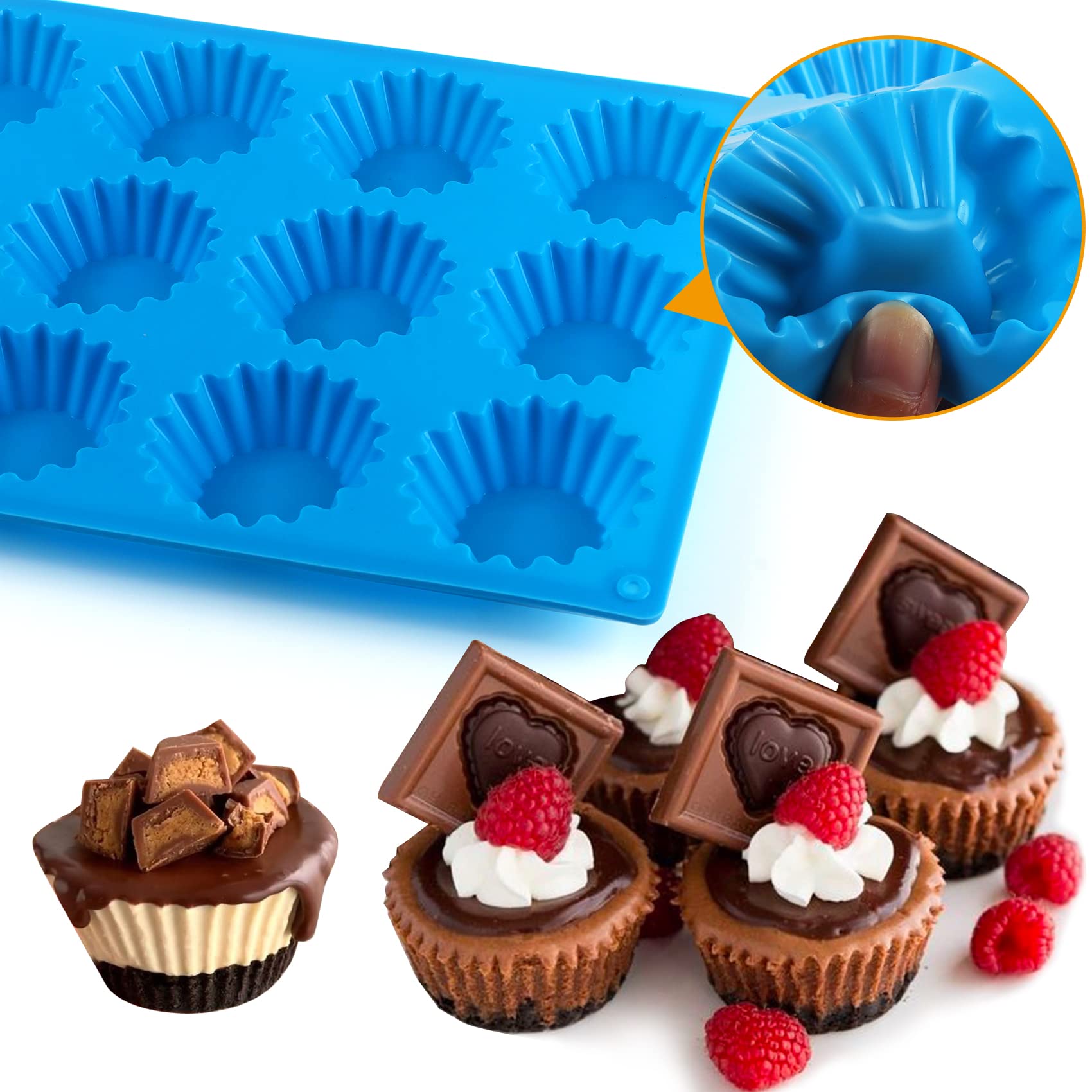 Sidosir 3pcs Peanut Butter Cup Mold, Silicone Mini Tart Pan for Bite Size Fat Bombs, Silicone Chocolate Candy Mold for Brownie (Peanut Butter Cup)