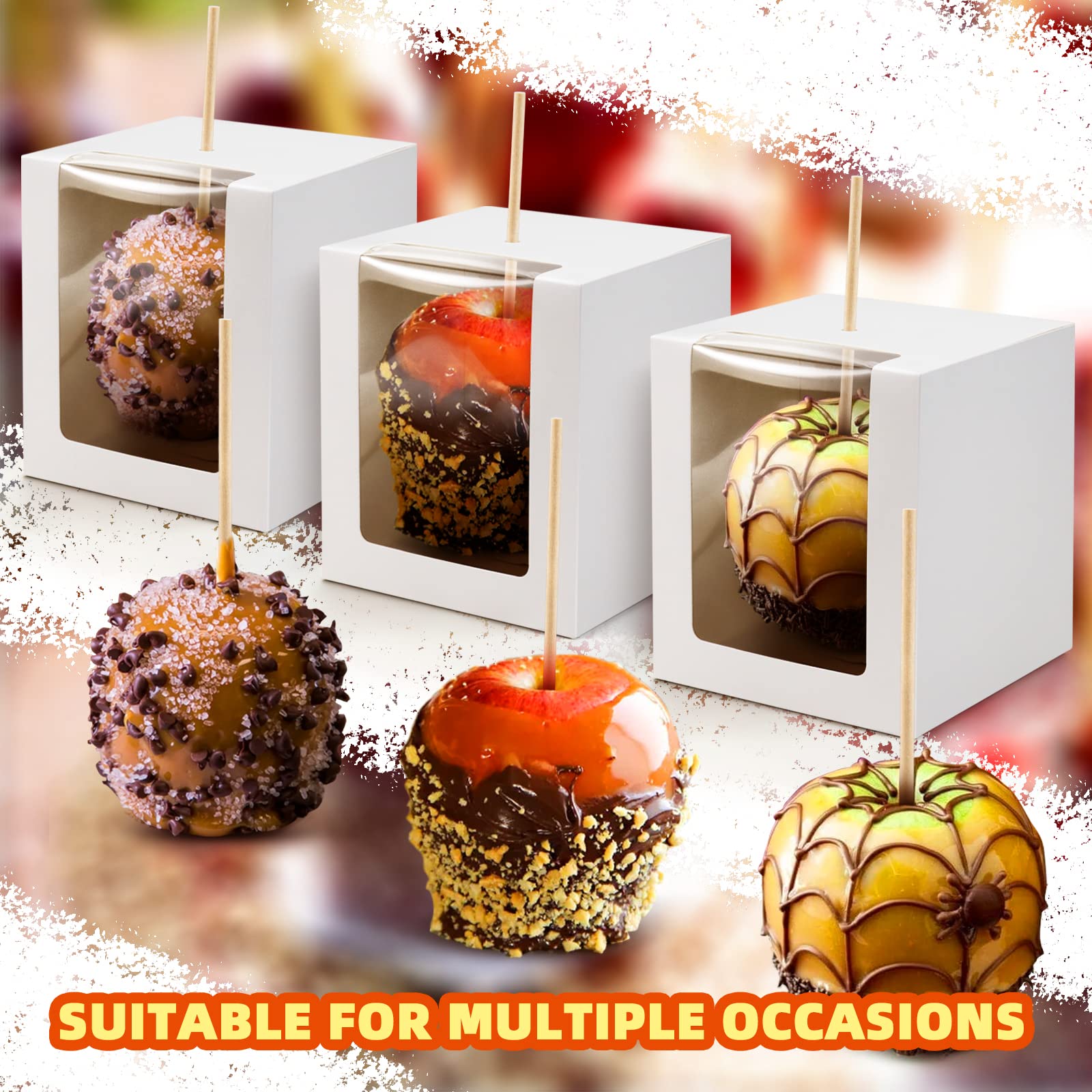 FIREBOOMOON 30 PCS White Kraft Candy Apple Boxes with Holes and Sticks,Caramel Candied Apple Cake Cookies Chocolate Gift Boxes with Clear Window for Wedding,Party,Baby Shower(4" x 4" x 4")