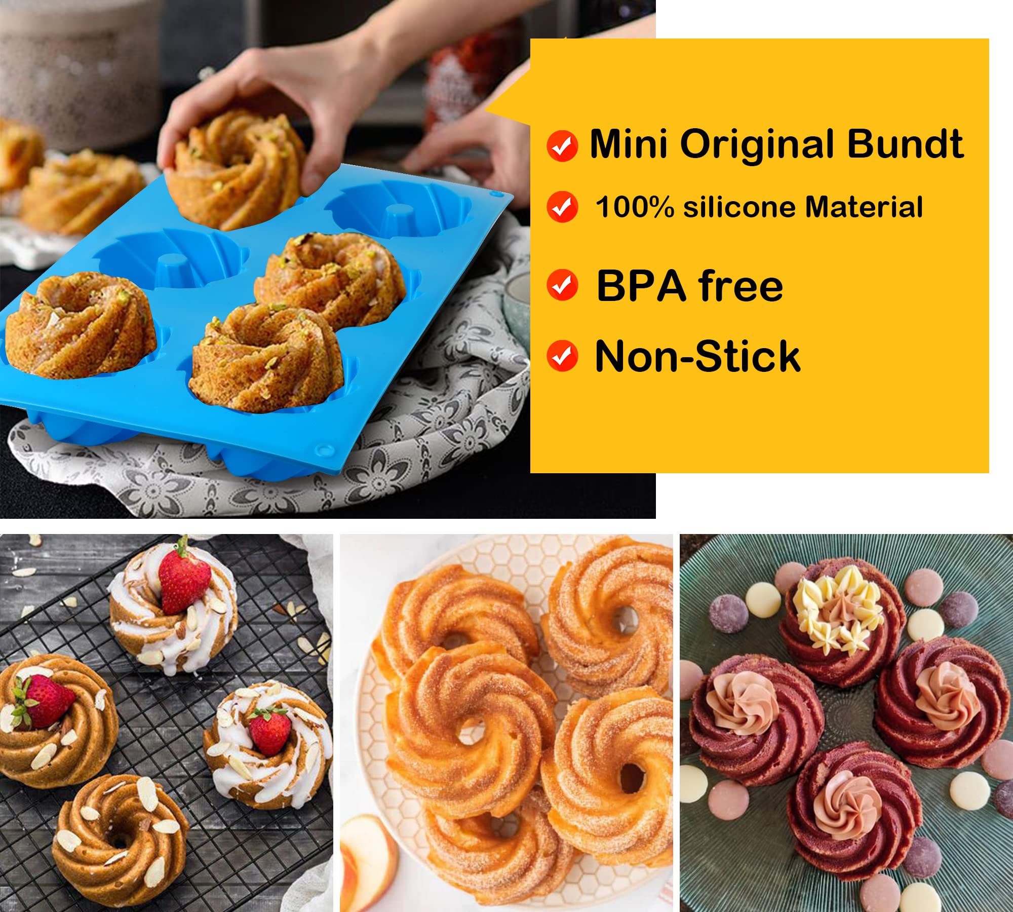 3PCS Mini Bundt Cake Pan, 6Cavity Heritage Bundtlette Cake Silicone Mold for Baking,Non Stick Fancy Molds for Fluted Tube Cake (Bundt)