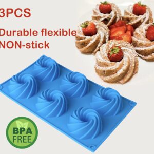 3PCS Mini Bundt Cake Pan, 6Cavity Heritage Bundtlette Cake Silicone Mold for Baking,Non Stick Fancy Molds for Fluted Tube Cake (Bundt)