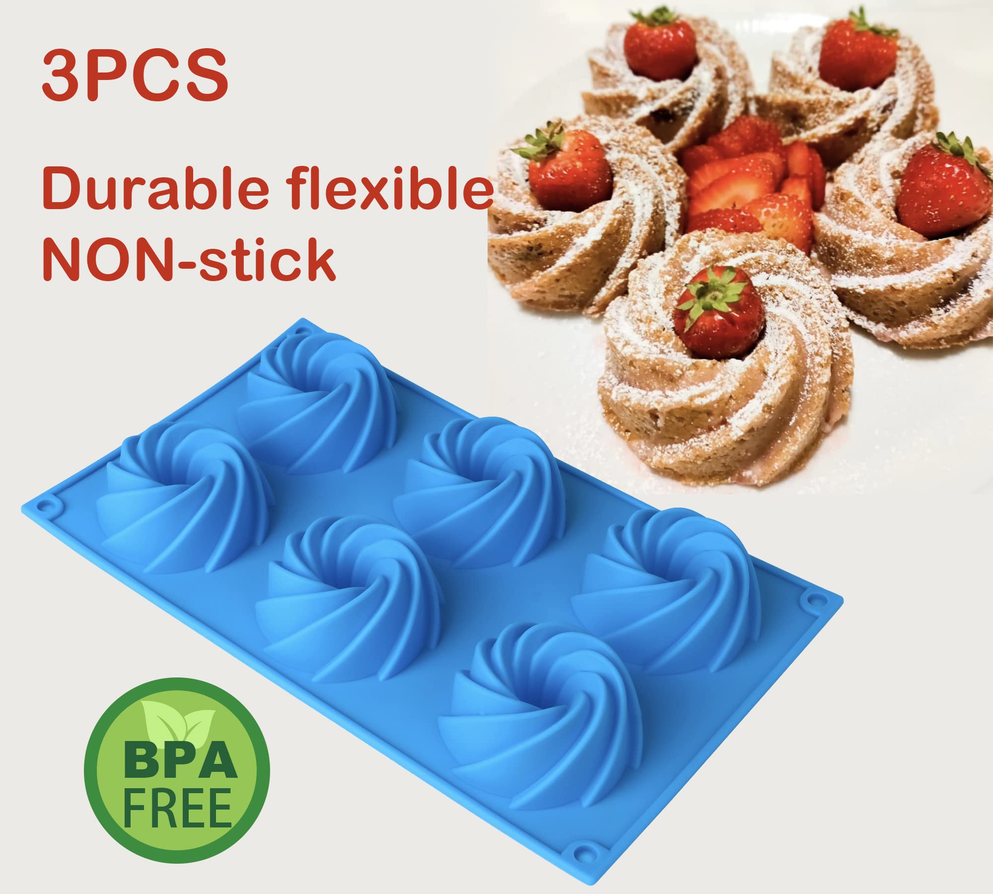 3PCS Mini Bundt Cake Pan, 6Cavity Heritage Bundtlette Cake Silicone Mold for Baking,Non Stick Fancy Molds for Fluted Tube Cake (Bundt)