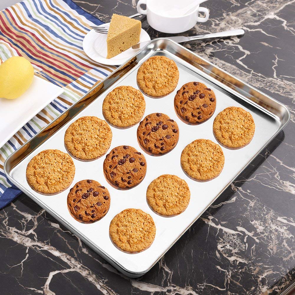 Wildone Baking Sheet Set of 2 - Stainless Steel Cookie Sheet Baking Pan, Size 16 x 12 x 1 inch, Non Toxic & Heavy Duty & Mirror Finish & Rust Free & Easy Clean