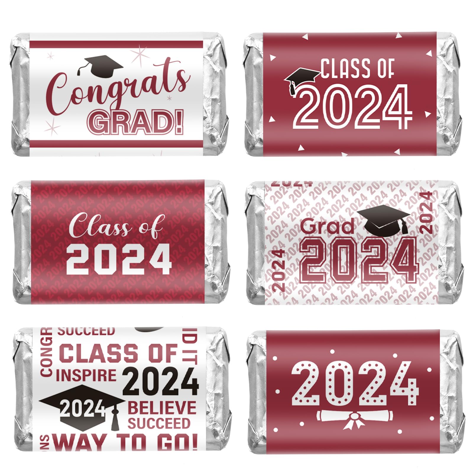 Graduation Decoration Label Sticker Congrats Mini Candy Bar Wrapper Class of Party Supplies for High School College Nursing Grad Celebration, Candy Not Included (Maroon and White 2023, 90 Pcs)