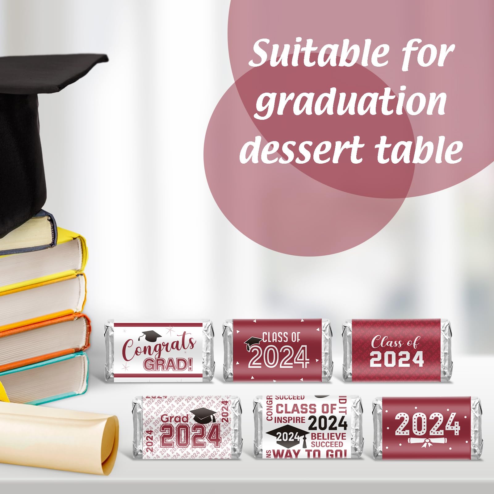 Graduation Decoration Label Sticker Congrats Mini Candy Bar Wrapper Class of Party Supplies for High School College Nursing Grad Celebration, Candy Not Included (Maroon and White 2023, 90 Pcs)