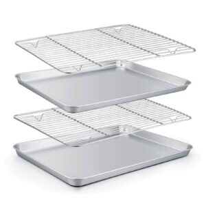 teamfar baking sheet with rack set (2 pans + 2 racks), stainless steel baking pan cookie sheet with cooling rack, non toxic & healthy, easy clean & dishwasher safe - 4 pack