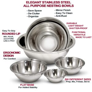 HOMEARRAY Stainless Steel Mixing Bowls Set (Set of 6) - Polished Mirror kitchen bowls, Nesting Bowls for Space Saving Storage, Ideal For Cooking, Baking & Serving, Food Prep & Salad Prep.