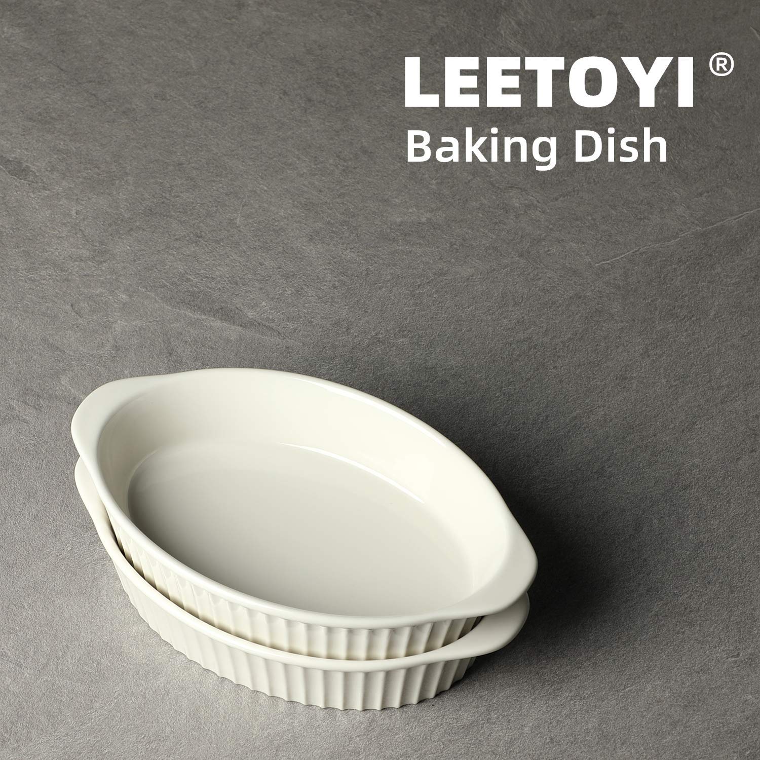 LEETOYI Porcelain Small Oval Au Gratin Pans,Set of 2 Baking Dish Set for 1 or 2 person servings, Bakeware with Double Handle for Kitchen and Home,(White)