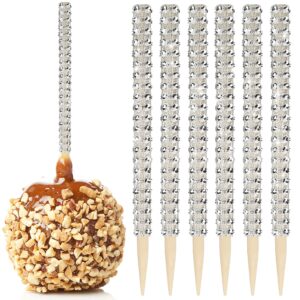 32 pcs bling candy apple bamboo sticks, caramel apple wooden pointed skewers with rhinestones diamond mesh wrap, fruit treats pop dec bar for dessert table tea party birthday wedding (silver)