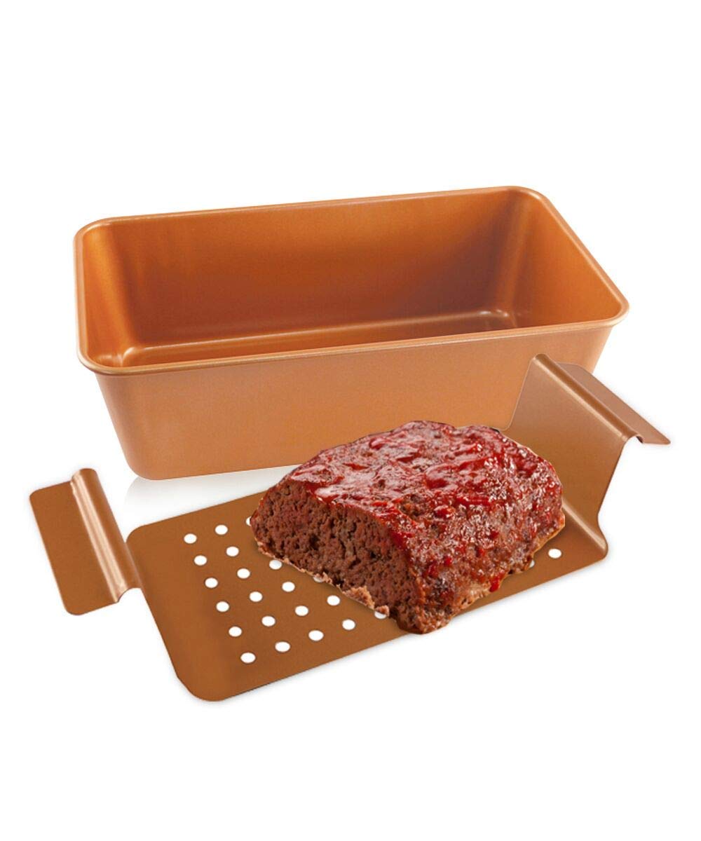 Volar Non-Stick Meatloaf Pan 2-Piece Healthy Meatloaf Pan Set Copper Coating With Removable Tray Drains Grease