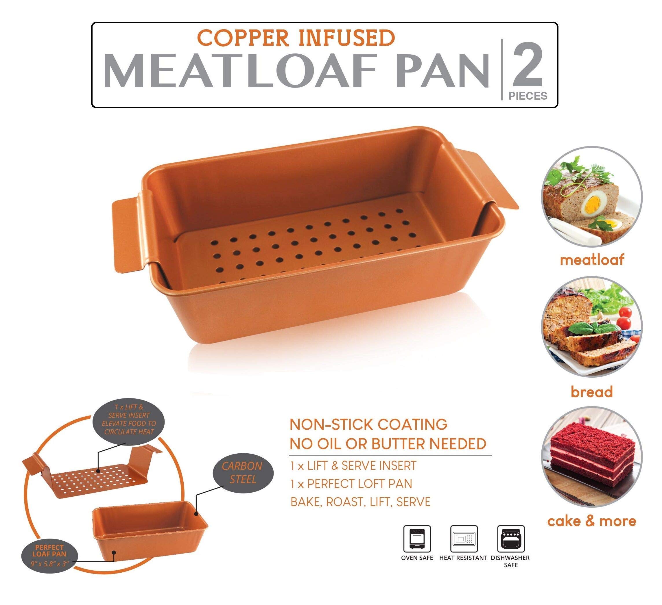 Volar Non-Stick Meatloaf Pan 2-Piece Healthy Meatloaf Pan Set Copper Coating With Removable Tray Drains Grease