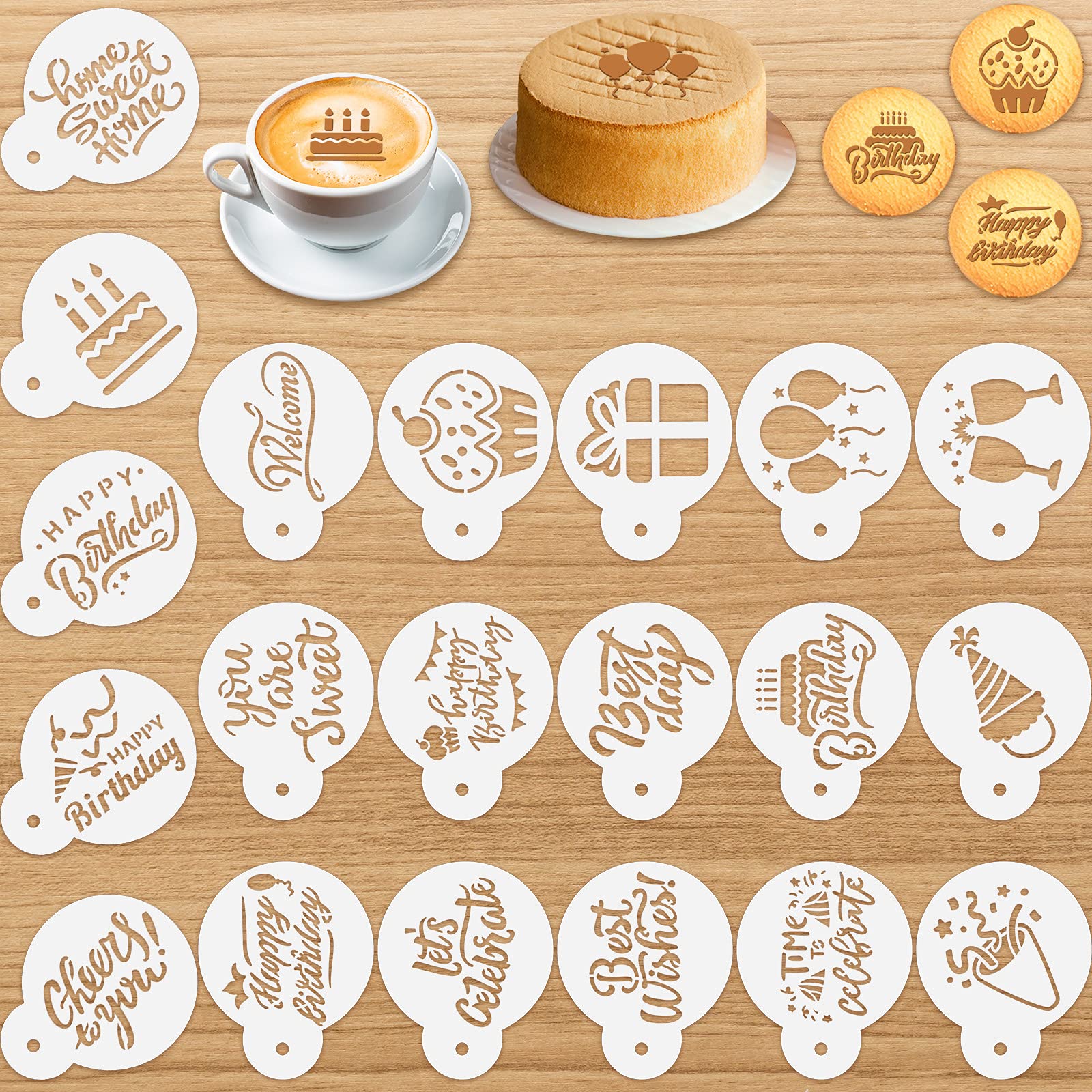 20 Pieces Cake Stencil Templates Decoration Cookie Stencil for Birthday Cookies Baking Stencil Painting Templates Reusable Stencil Painting Mold Tools, Dessert, Coffee Decorating Mold(Cake Style)