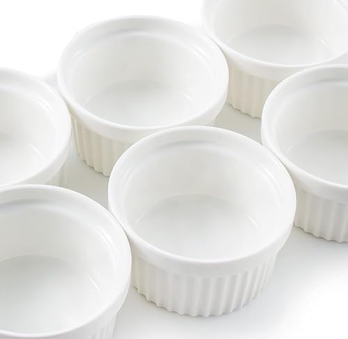 Nuwave Ceramic Ramekins 8 oz, Set of 6, Elegant Classic Style for Baking Souffles, Creme Brulées, Custards, Puddings, 4.3” Wide & 2” Tall, Microwave, Oven & Dishwasher-Safe, Ivory White