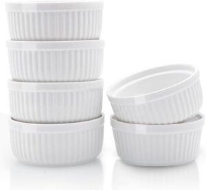 nuwave ceramic ramekins 8 oz, set of 6, elegant classic style for baking souffles, creme brulées, custards, puddings, 4.3” wide & 2” tall, microwave, oven & dishwasher-safe, ivory white