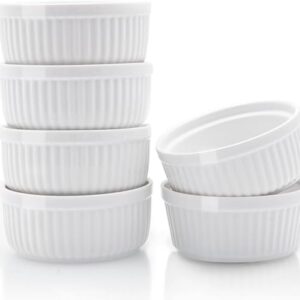 Nuwave Ceramic Ramekins 8 oz, Set of 6, Elegant Classic Style for Baking Souffles, Creme Brulées, Custards, Puddings, 4.3” Wide & 2” Tall, Microwave, Oven & Dishwasher-Safe, Ivory White