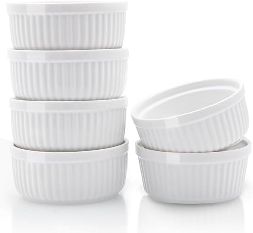 Nuwave Ceramic Ramekins 8 oz, Set of 6, Elegant Classic Style for Baking Souffles, Creme Brulées, Custards, Puddings, 4.3” Wide & 2” Tall, Microwave, Oven & Dishwasher-Safe, Ivory White