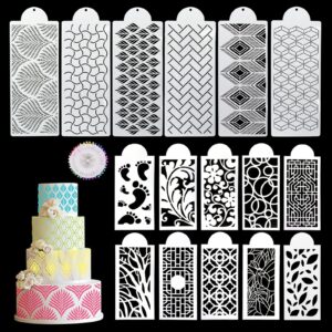 di qiu ren 16pcs cake stencils decorating buttercream, 15x5.9 inch fondant stencil for cake decoration lace cake stencil & template, geometric icing stencil cake printing mold side baking mesh stencil