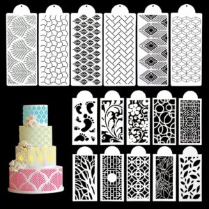 DI QIU REN 16PCS Cake Stencils Decorating Buttercream, 15X5.9 Inch Fondant Stencil for Cake Decoration Lace Cake Stencil & Template, Geometric Icing Stencil Cake Printing Mold Side Baking Mesh Stencil