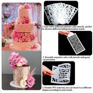 DI QIU REN 16PCS Cake Stencils Decorating Buttercream, 15X5.9 Inch Fondant Stencil for Cake Decoration Lace Cake Stencil & Template, Geometric Icing Stencil Cake Printing Mold Side Baking Mesh Stencil