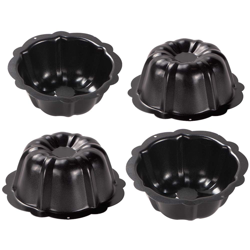 Webake Mini Cake Pan Nonstick Fluted Cake Pan 4 Inch Carbon Steel Baking Cup Mold for Buntcake, Bavarois, Brownie, Cupcake, Pudding Canele, Pack of 4