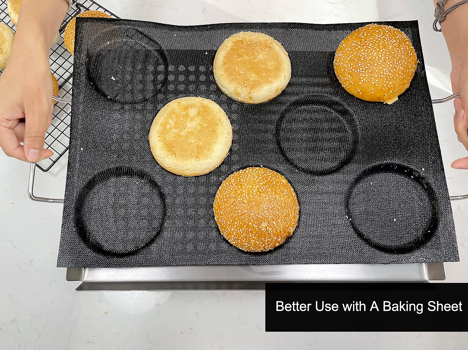 Hamburger Bun Pan, Mesh Silicone Hamburger Bun Mold, Non Stick Baking Pan for Making Buns, Great Perforated Bakery Molds for Gluten Free Buns(8 loaf, 17.1X12.2X1.6 inch)