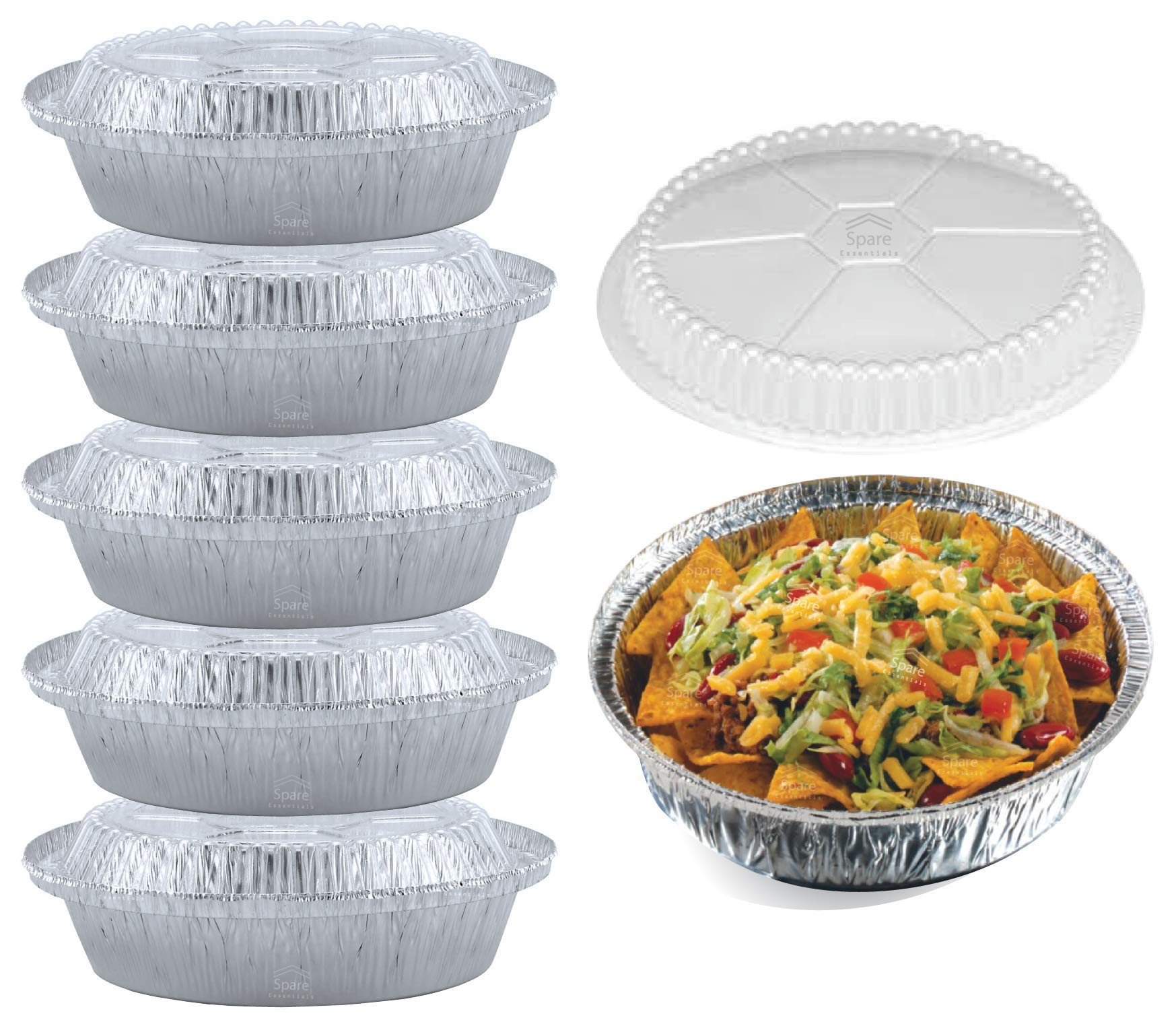 Spare Essentials (55 Pack 7 inch Aluminum Baking Pan, Round Aluminum Pans with Clear Lids, Takeout Containers Freezer & Oven Safe, Food Containers with Lids for Food Transport, Disposable Round Tins