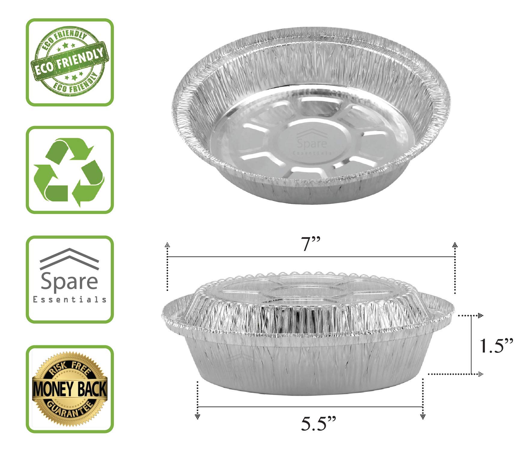 Spare Essentials (55 Pack 7 inch Aluminum Baking Pan, Round Aluminum Pans with Clear Lids, Takeout Containers Freezer & Oven Safe, Food Containers with Lids for Food Transport, Disposable Round Tins