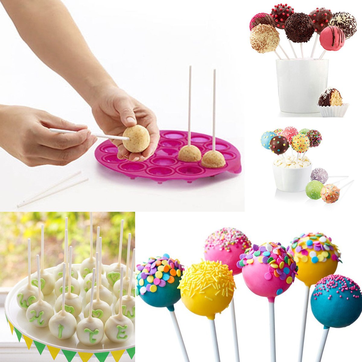 Augshy 300 Pcs Cake Pop Sticks and Wrappers Including 100 Pack Cake Pop Bags,100 Pack Cake Pop Sticks and 100 Pack Golden Ties for Lollipop Wrappers