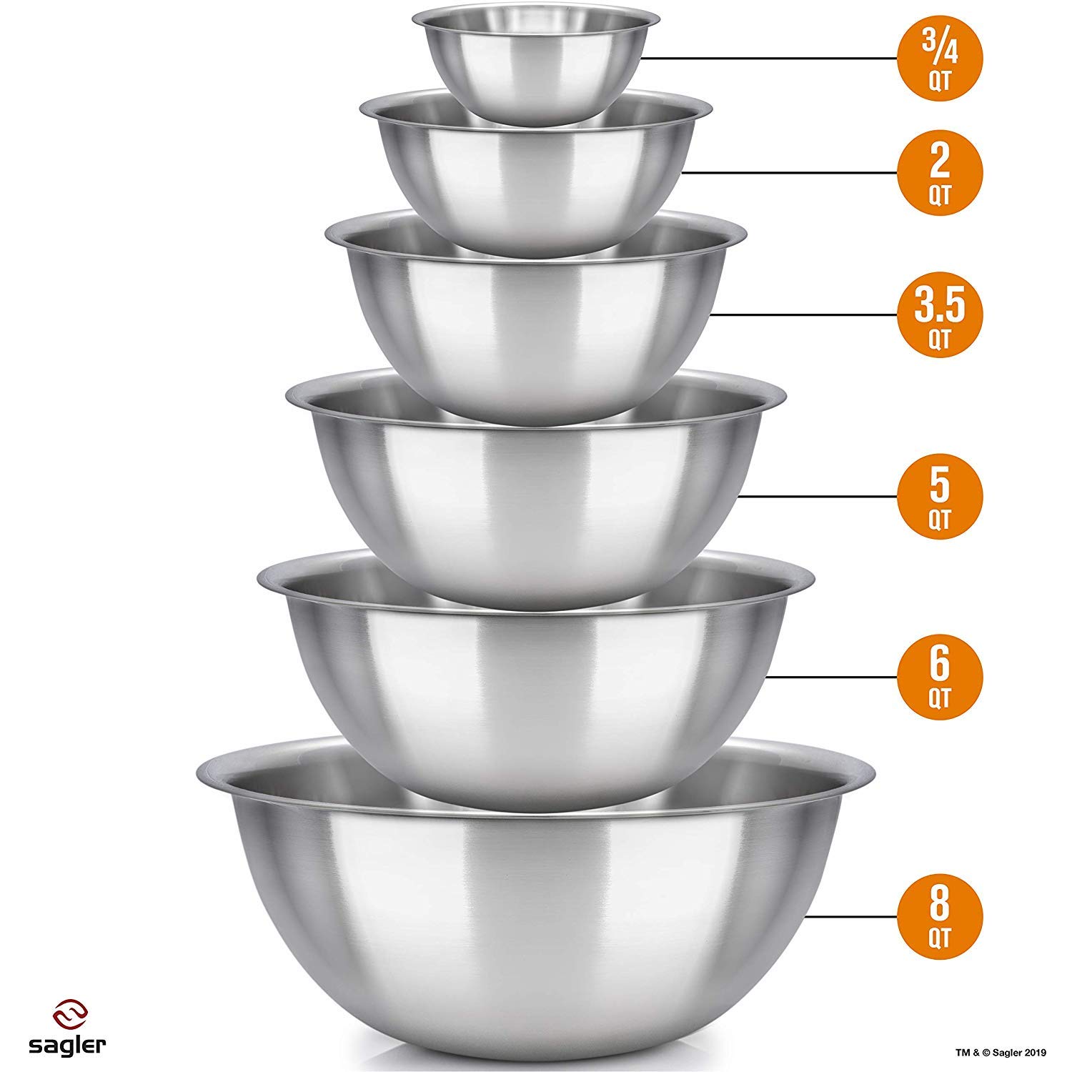 mixing bowl Set of 6 - stainless steel - Polished Mirror kitchen bowls - Set Includes ¾, 2, 3.5, 5, 6, 8 Quart - Ideal For Cooking & Serving - Easy to clean - Great gift