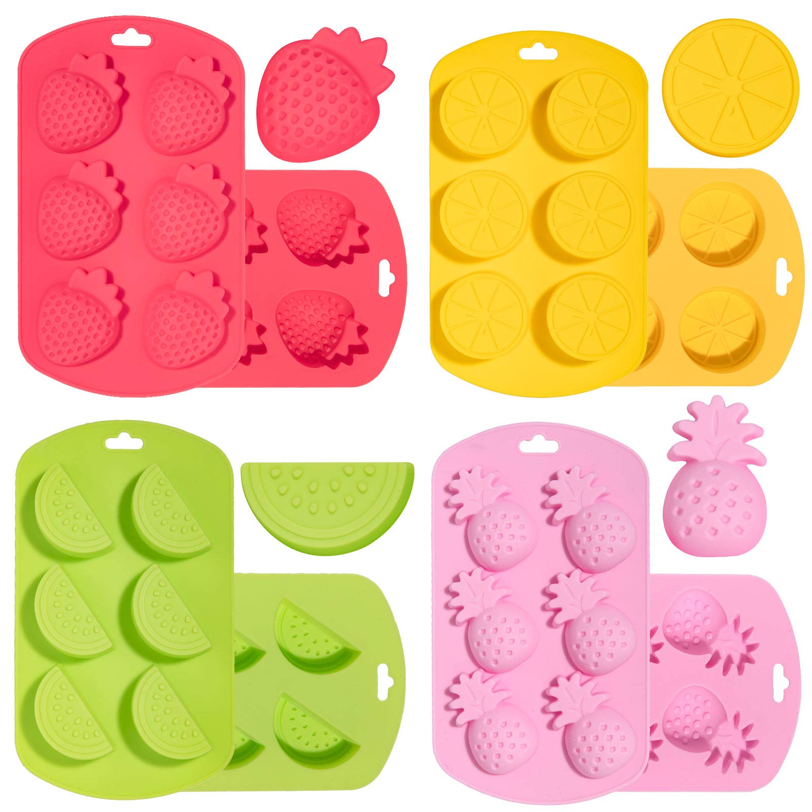 Whaline 4 Pack Fruit Shaped Silicone Mold Pineapple Orange Watermelon Strawberry Chocolate Candy Baking Mould 3D Summer Fruit Ice Mold for DIY Jelly Fondant Soap Gummy Cake Cupcake Topper Decoration