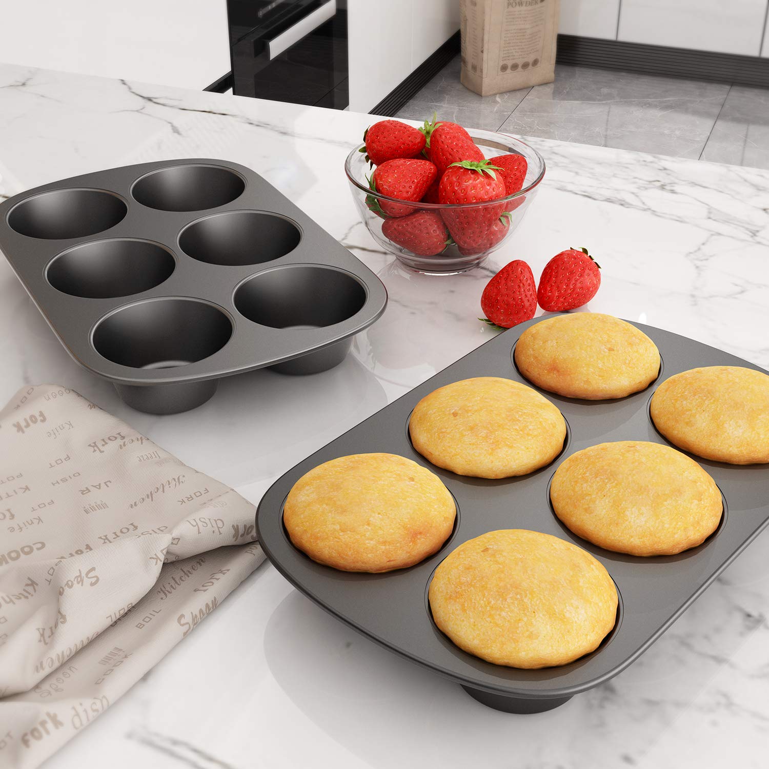 Tiawudi 2 Pack Nonstick Muffin Pan, Carbon Steel Cupcake Pan, 6 Cup, Easy to Clean and Perfect for Making Muffins or Cupcakes, Jumbo